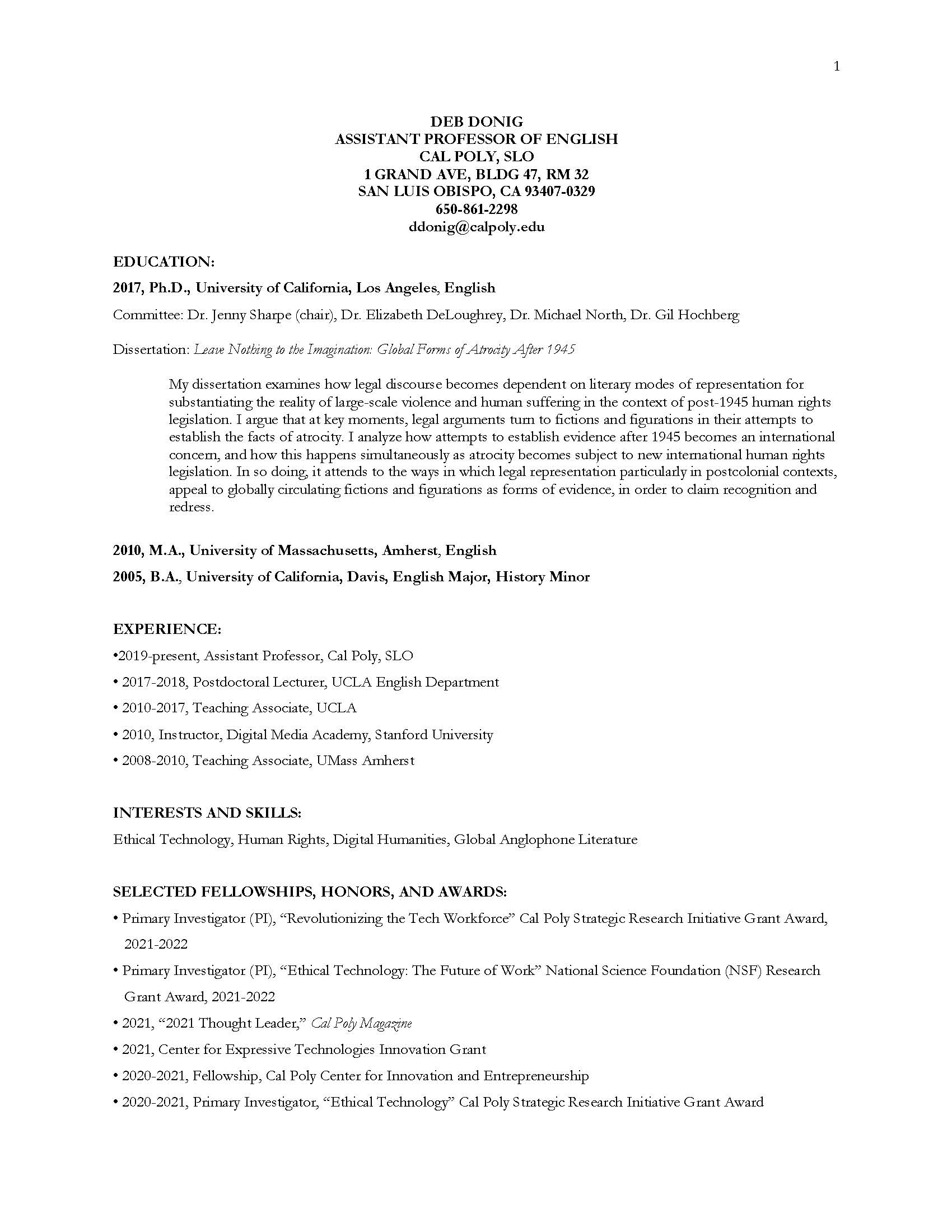 CV – Deb Donig, PhD